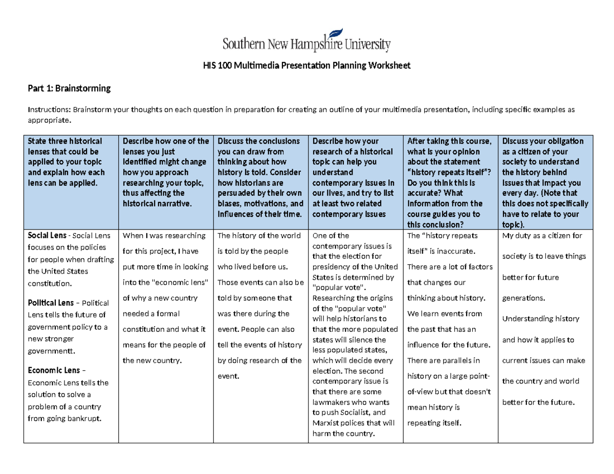 HIS 100 Multimedia Presentation Planning Worksheet (1) - HIS 100 Multimedia Presentation ...