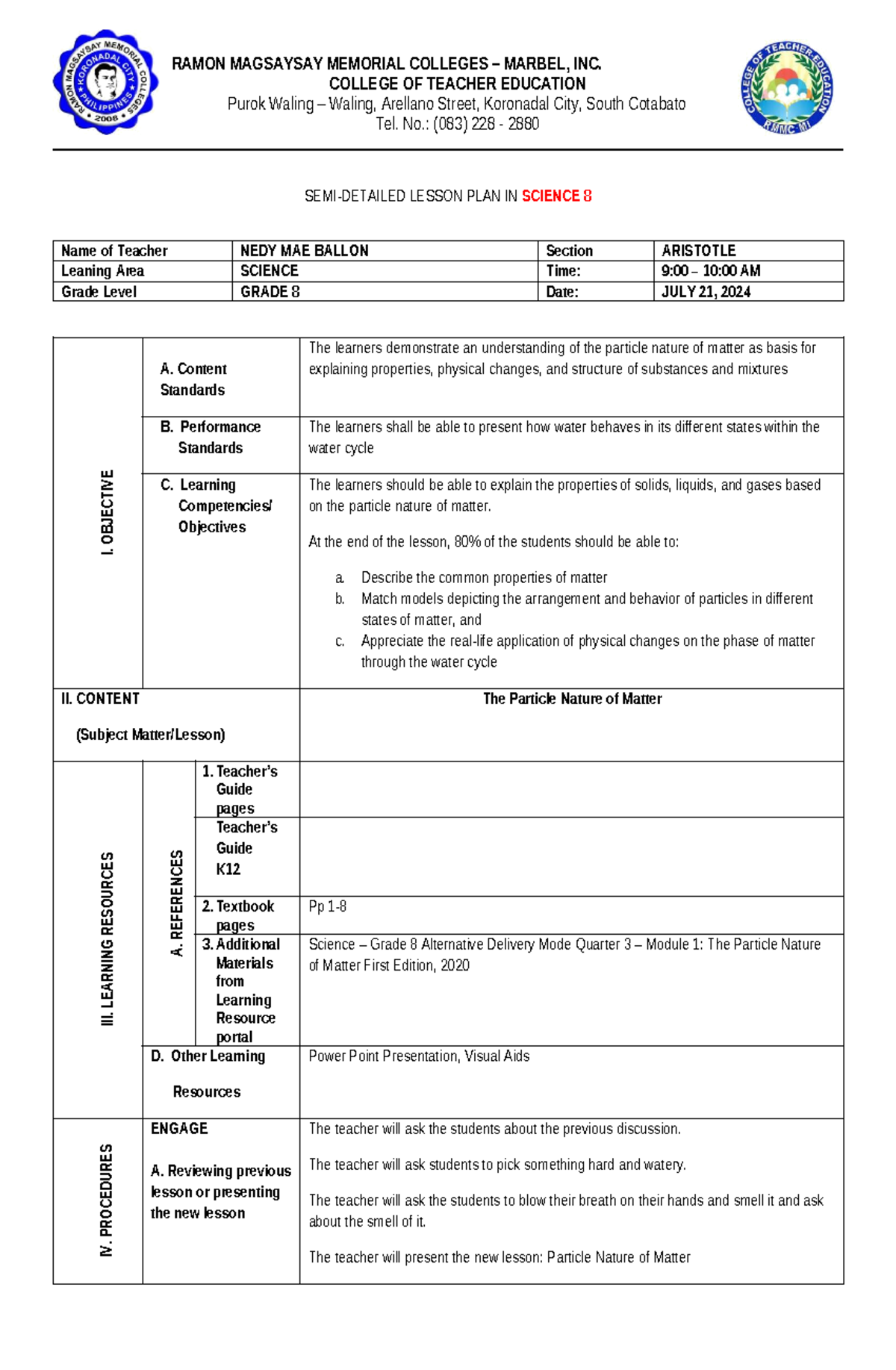 LESSON PLAN GRADE 8 - RAMON MAGSAYSAY MEMORIAL COLLEGES – MARBEL, INC ...