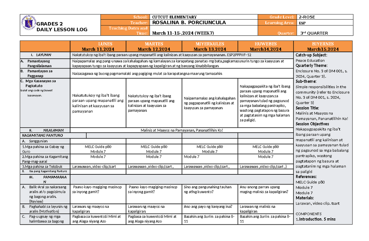 DLL All Subjects-G2 Q3 WEEK7 catch up - , GRADES 2 DAILY LESSON LOG ...