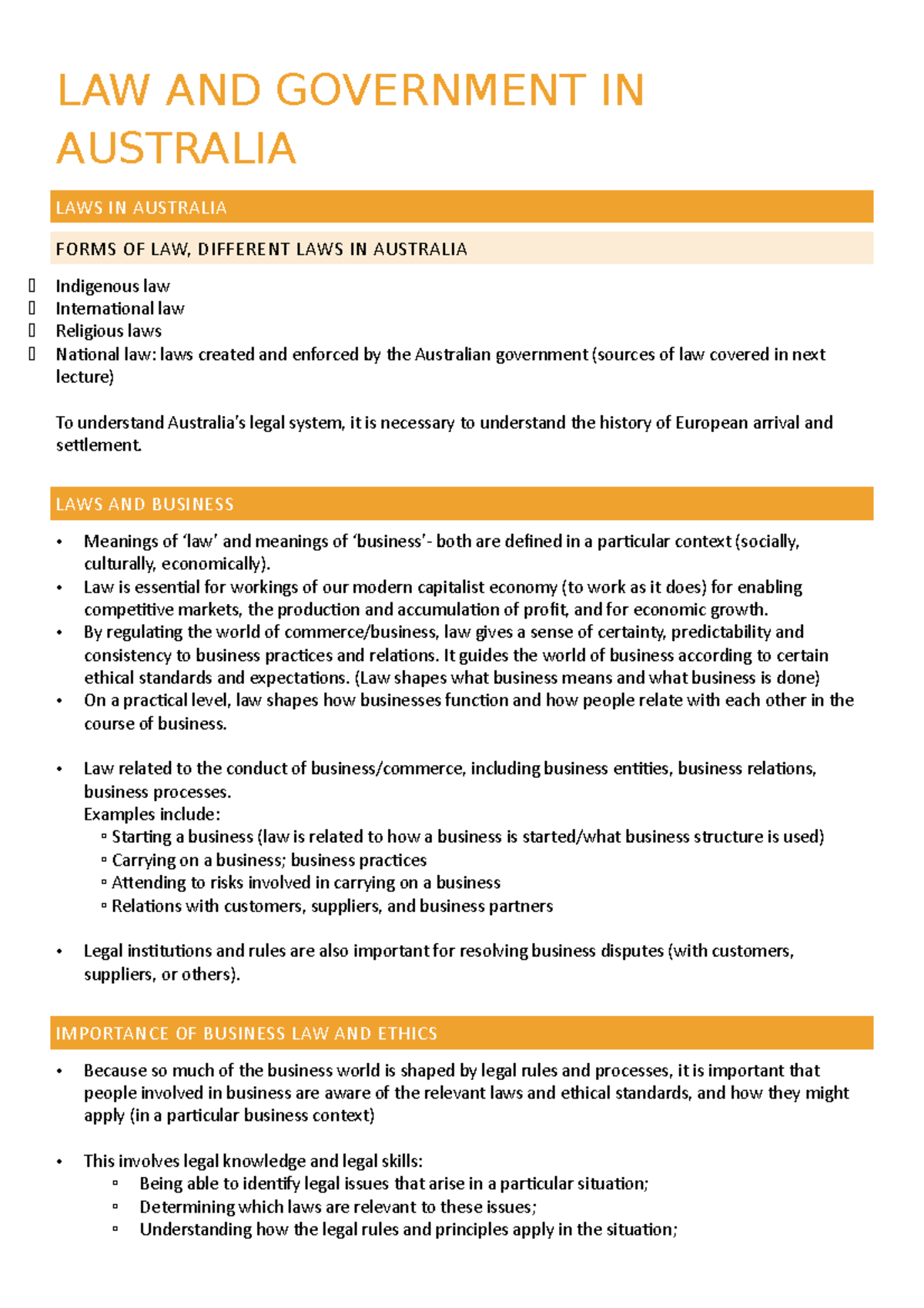 LAW Notes; - LAW AND GOVERNMENT IN AUSTRALIA LAWS IN AUSTRALIA FORMS OF ...