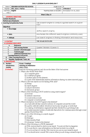 Daily Lesson PLAN IN English 7 4th WEEK - Copy - DAILY LESSON PLAN IN ...