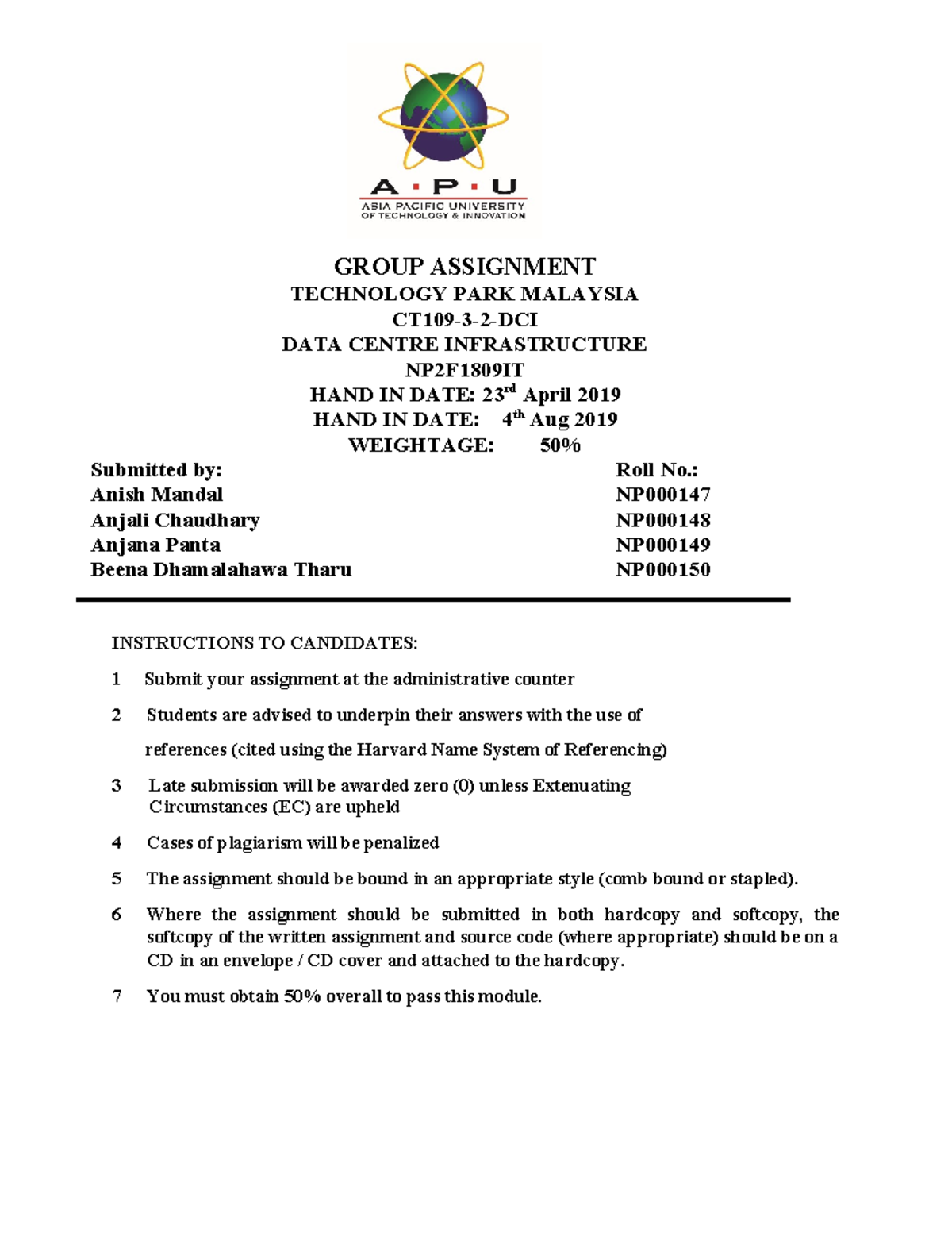 492531028-DCI- Anjana - GROUP ASSIGNMENT TECHNOLOGY PARK MALAYSIA CT109-3-2-DCI DATA CENTRE ...