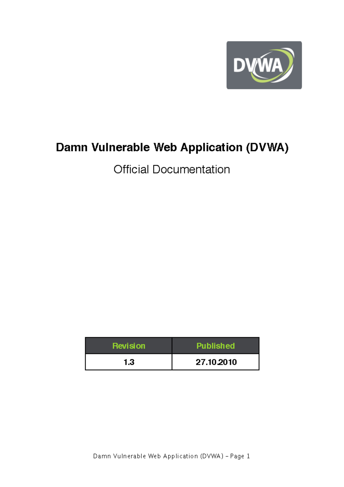 DVWA Official Documentation v1 - Damn Vulnerable Web Application (DVWA) Official Documentation ...