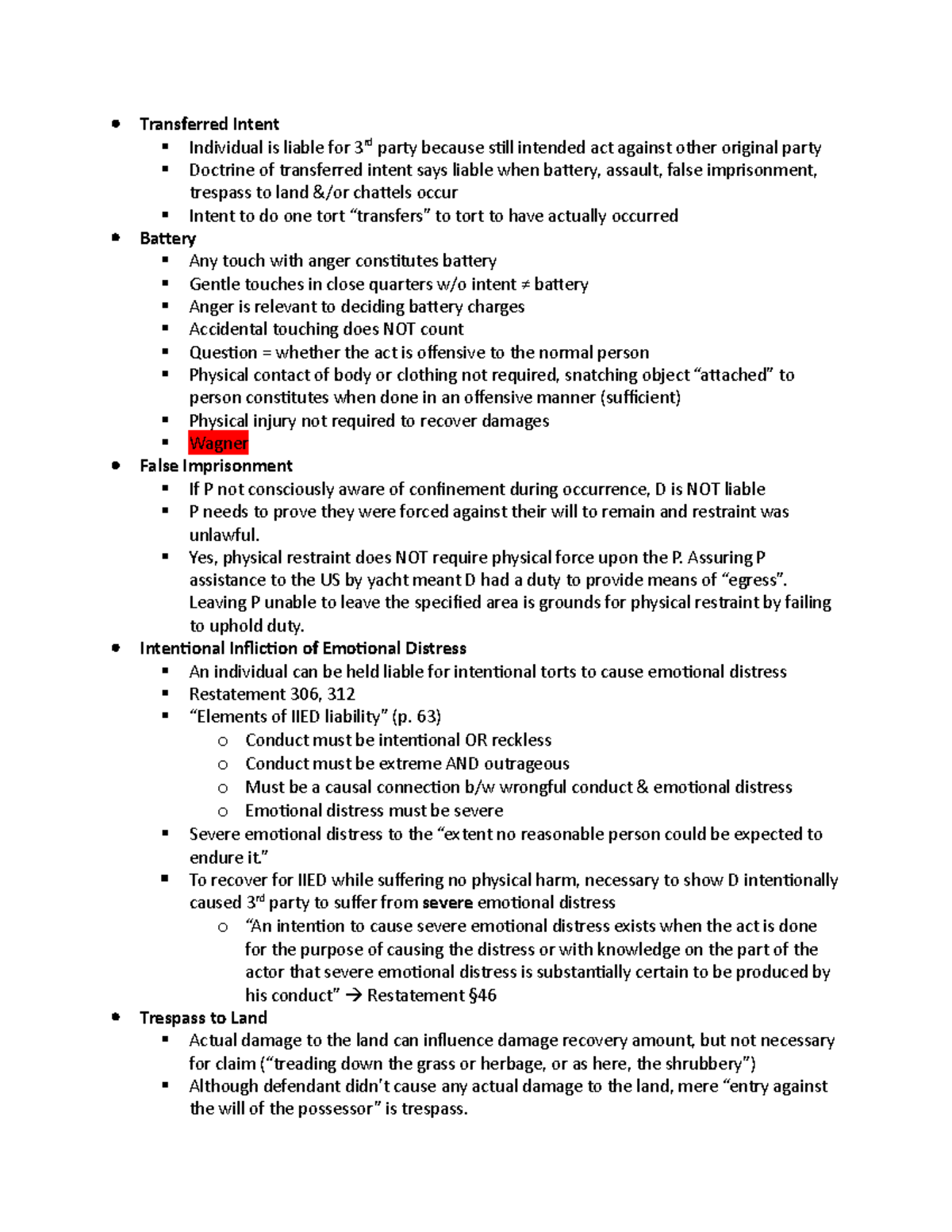 Torts Outline** - Transferred Intent Individual is liable for 3rd party ...