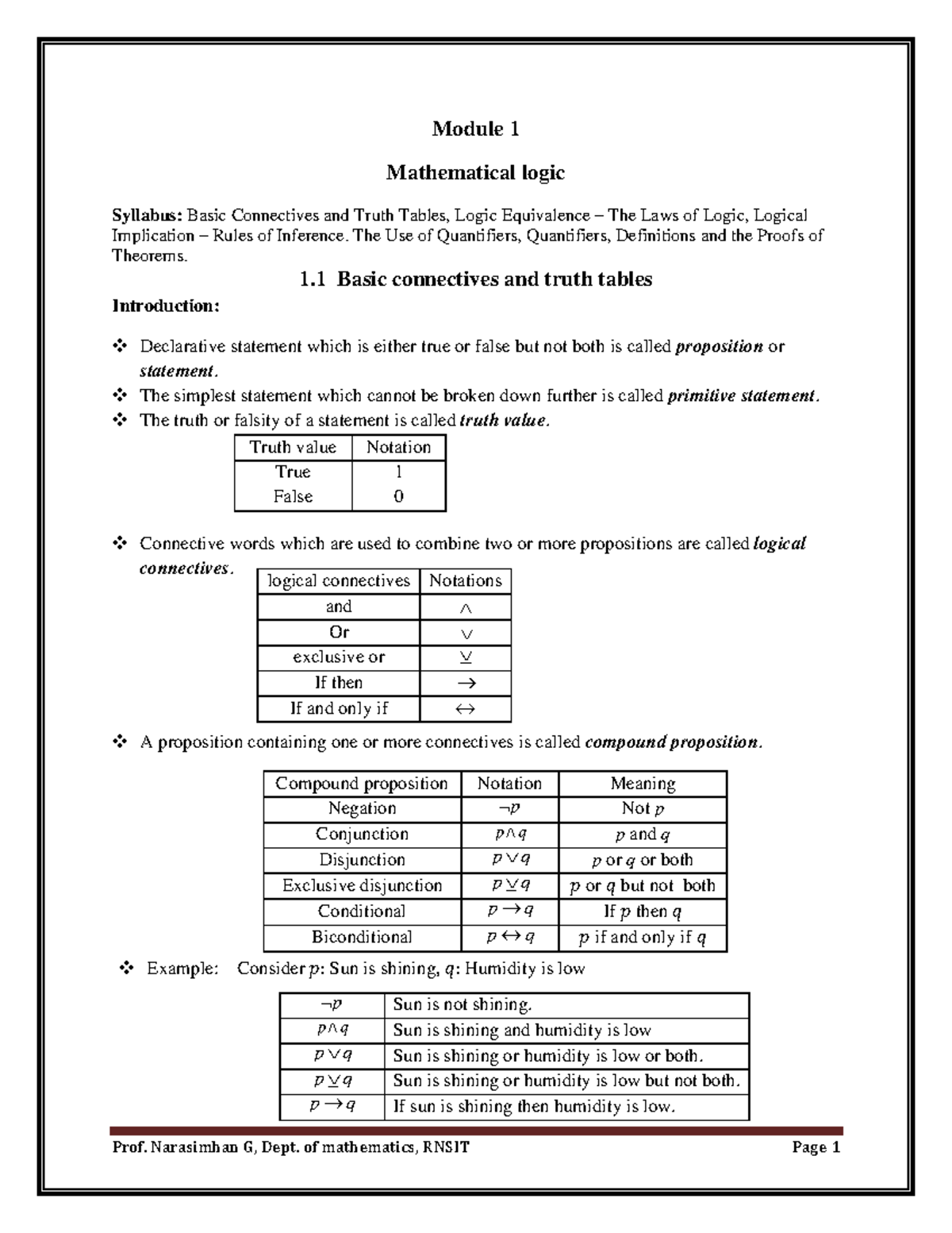 Module 1 - Module 1 Mathematical logic Syllabus: Basic Connectives and ...