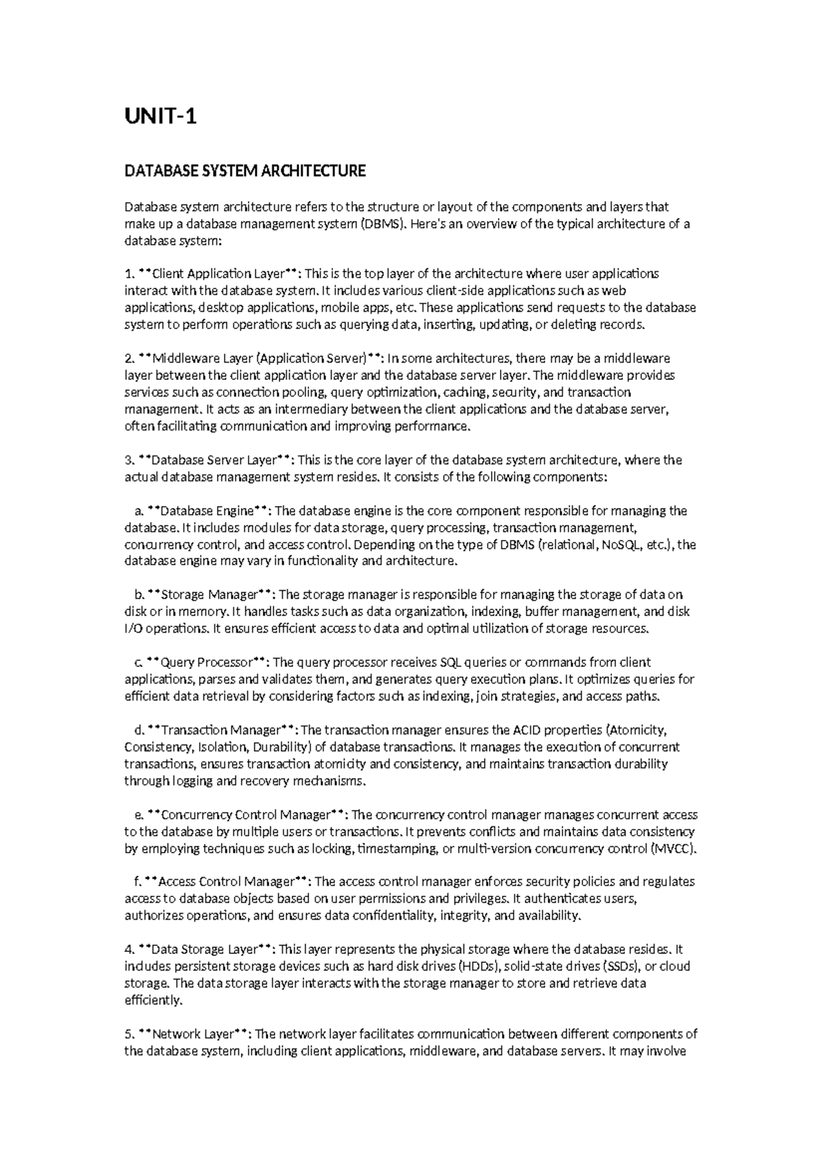 DBDM - UNIT- DATABASE SYSTEM ARCHITECTURE Database system architecture refers to the structure ...