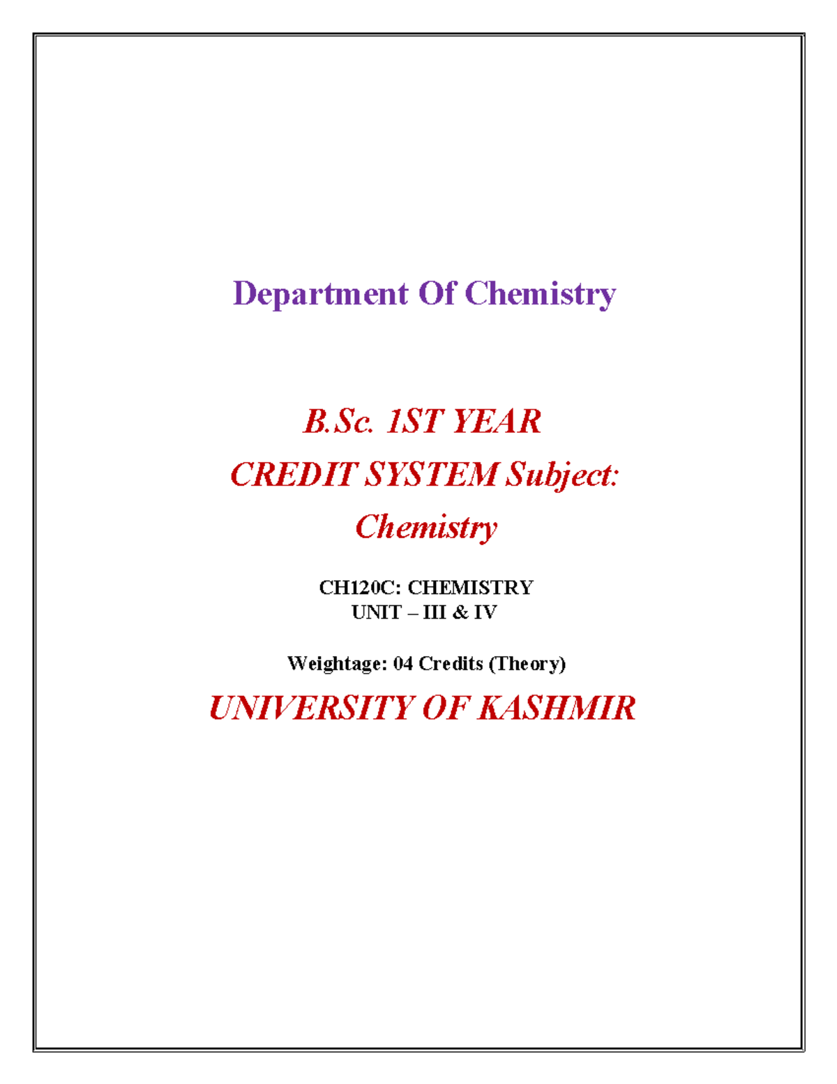 Chemistry BSC Ist Year UNIT 3,4 - Department Of Chemistry B. 1ST YEAR ...