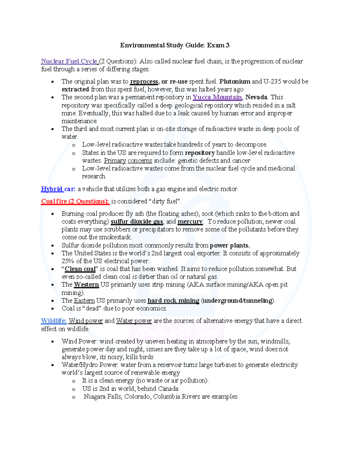 Exam 3 study guide - Environmental Study Guide: Exam 3 Nuclear Fuel ...