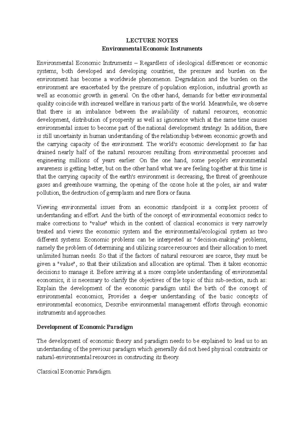 Ecology Environmental Economic Instruments - LECTURE NOTES ...