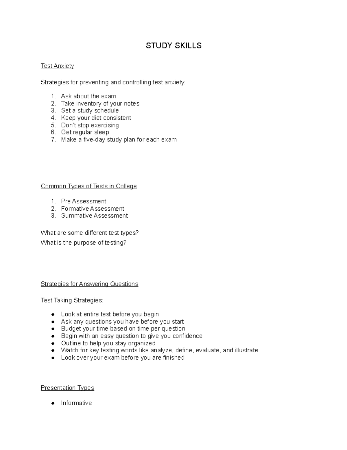 College Success Notes #14 - STUDY SKILLS Test Anxiety Strategies for ...