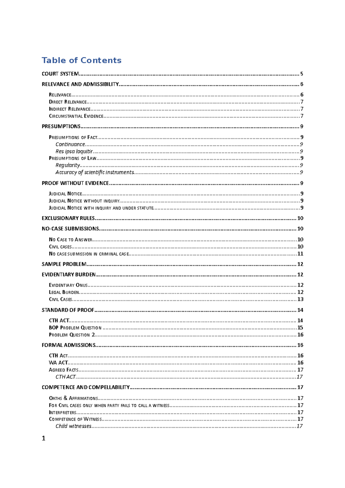 Evidence EXAM Notes - Table of Contents COURT - Studocu