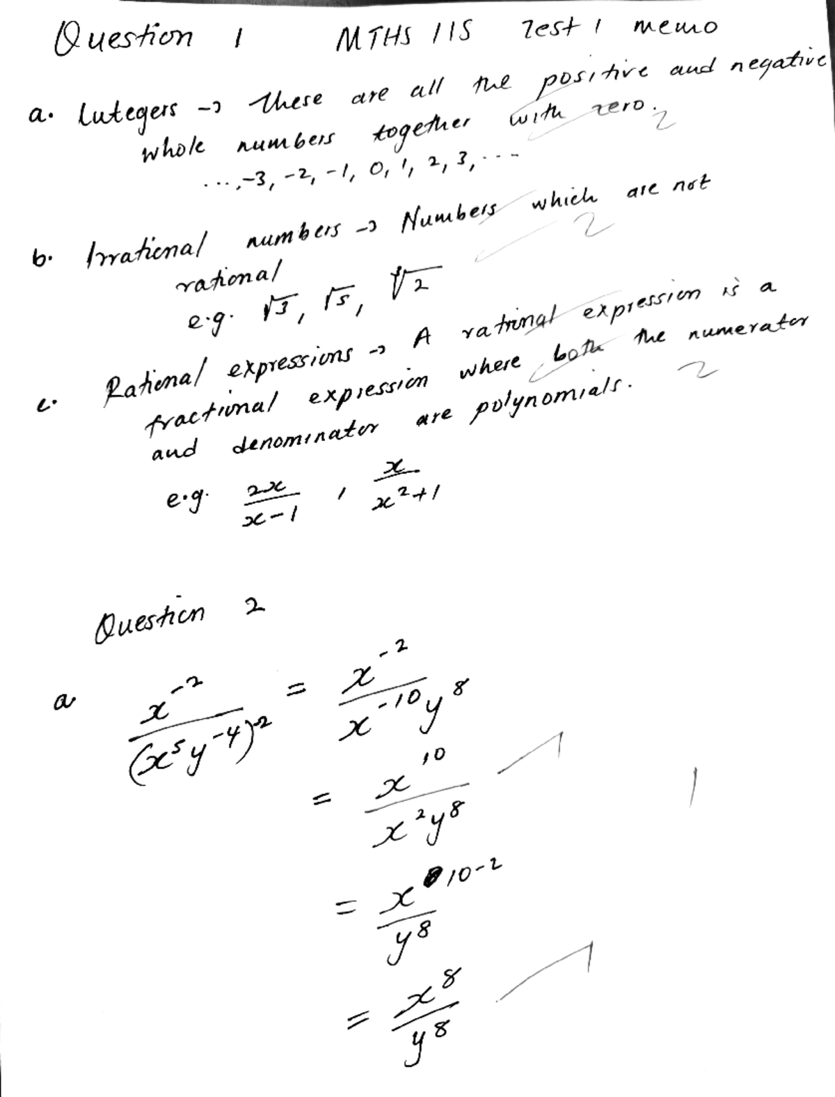 MTHS 115 TEST 1 MEMO - MTHS 115 - Questien I luteges -) b ratnal whole ...