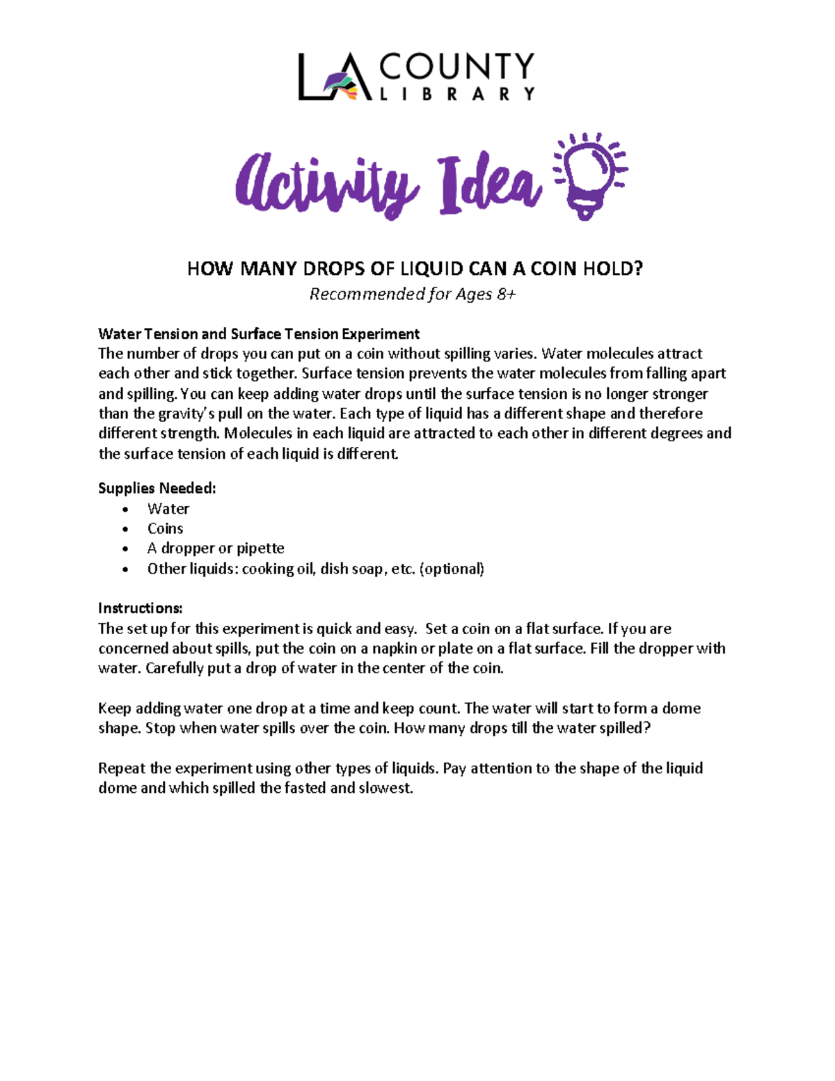 Activity Idea Kids Ages8 Drops Of Water Experiment - HOW MANY DROPS OF ...