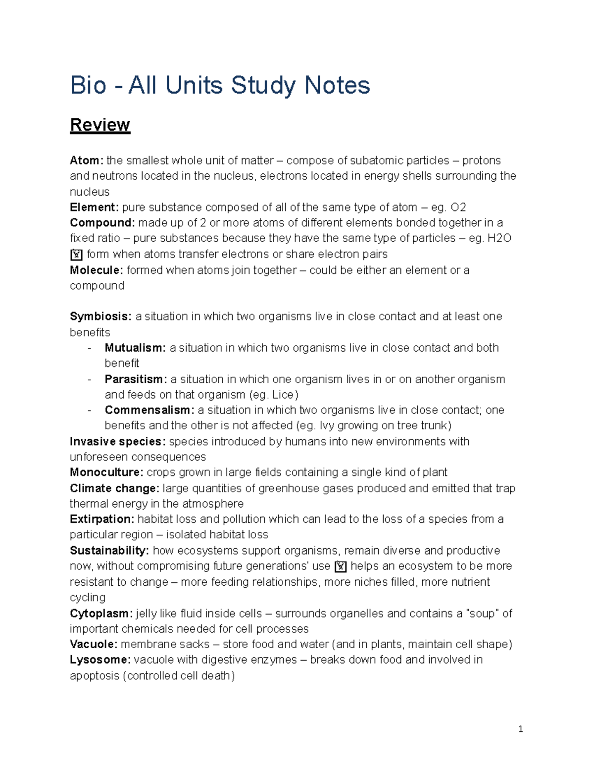 Biology All Units Study Notes - Bio - All Units Study Notes Review Atom ...