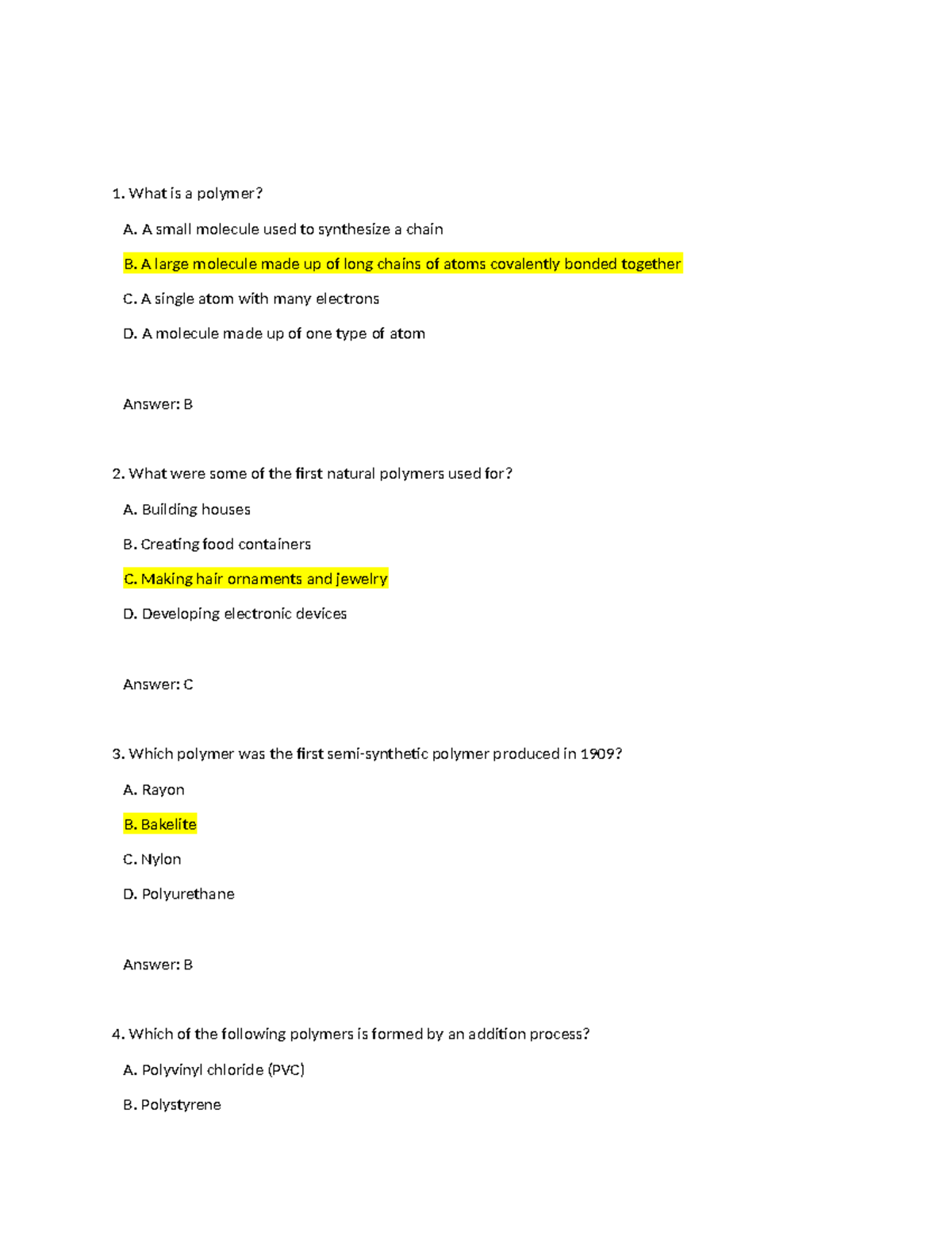 Engchem Exam Sample - Exam - What is a polymer? A. A small molecule ...