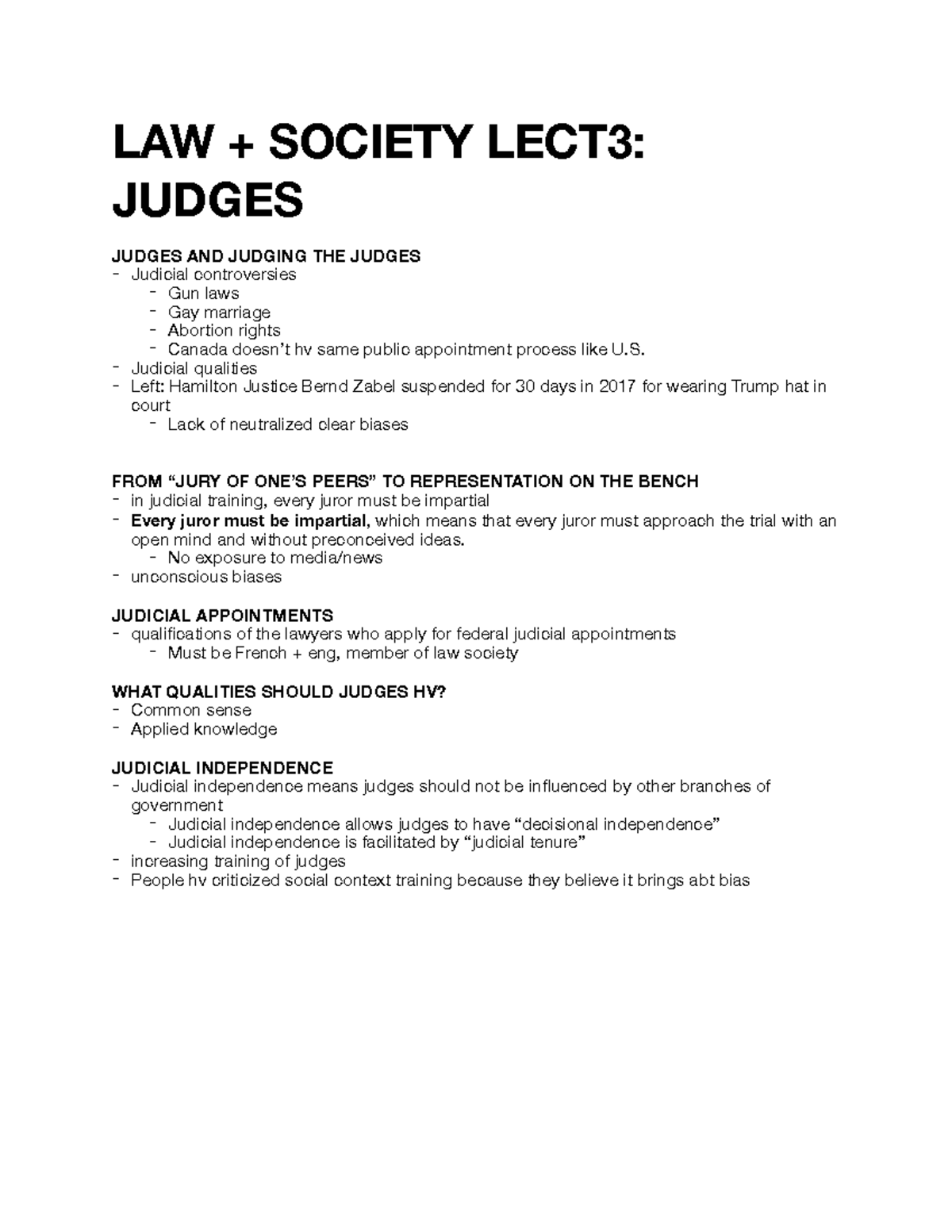 Judges LECT - notes - LAW + SOCIETY LECT3: JUDGES JUDGES AND JUDGING ...