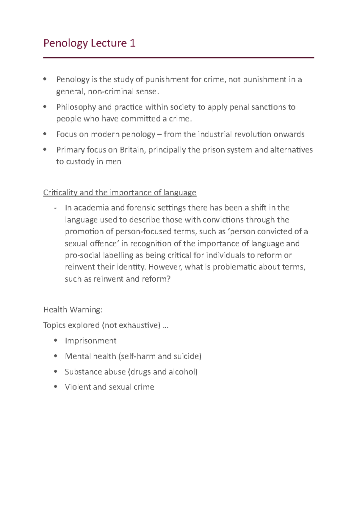lecture 1 for penology - Penology Lecture 1 Penology is the study of ...