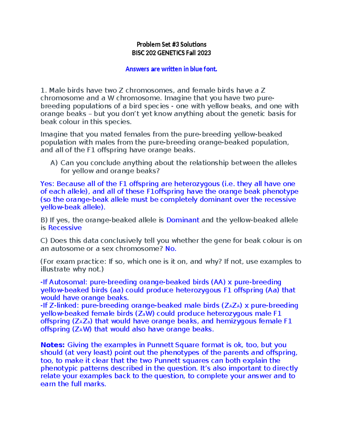 BISC 202 Problem Set 3 Key - Problem Set #3 Solutions BISC 202 GENETICS Fall 2023 Answers are ...