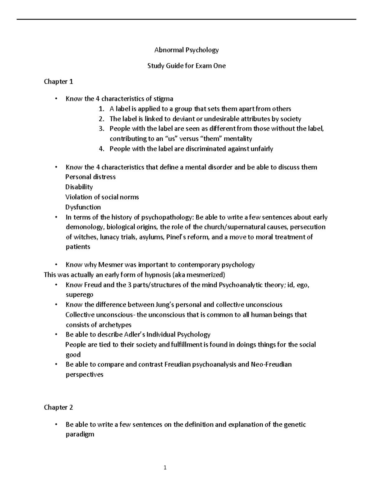 Abnormal Psychology Study Guide for Exam one - Abnormal Psychology ...