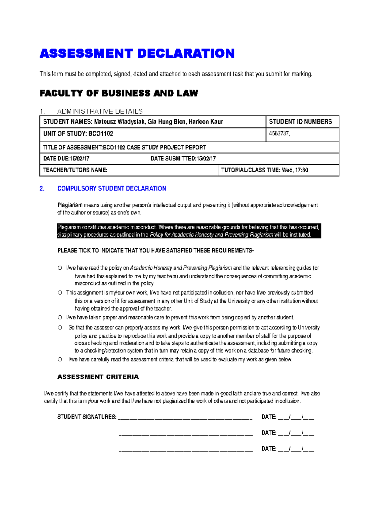 Sam's Office Plants Report - ASSESSMENT DECLARATION This form must be ...