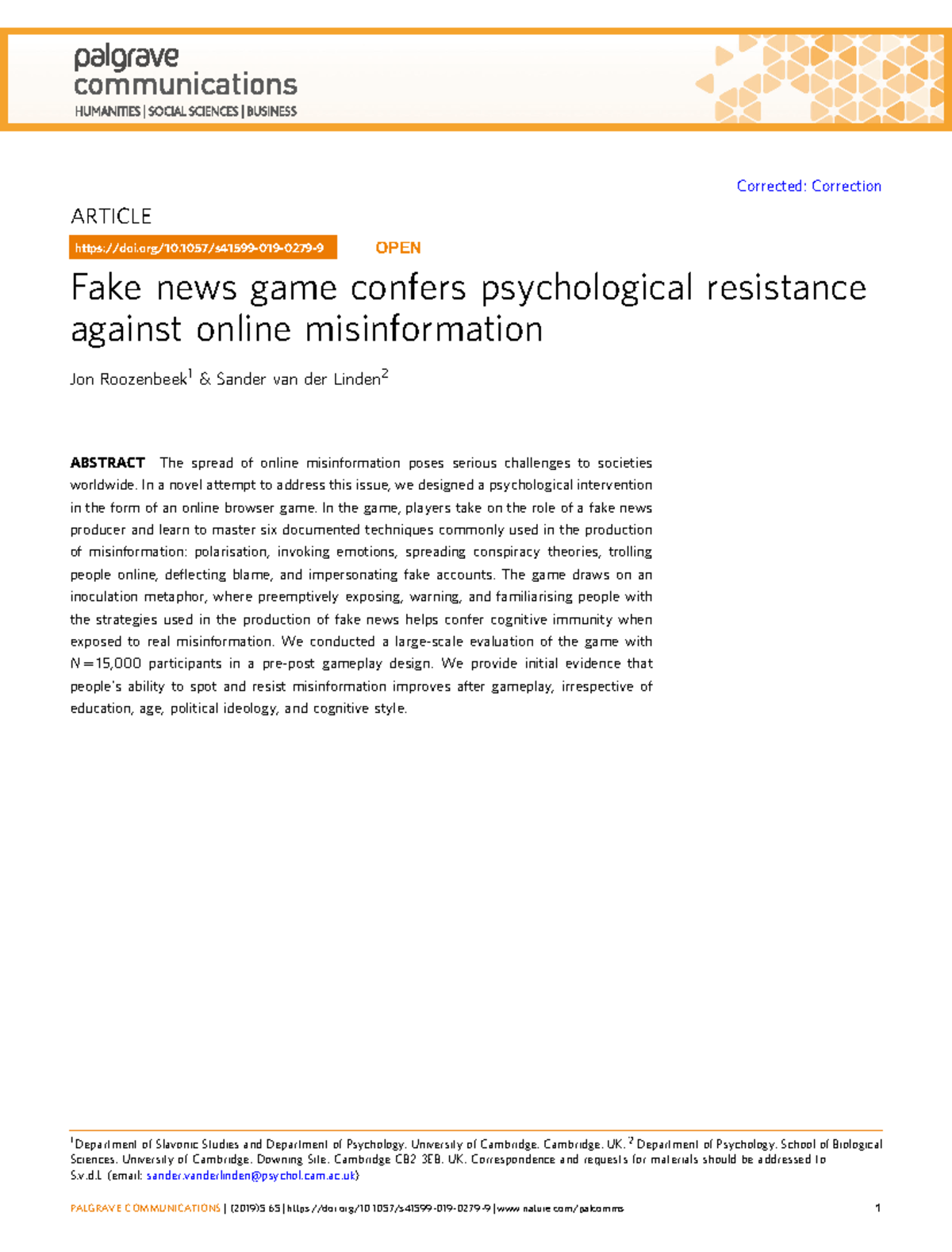 Fake news game confers psychological resistance against online ...
