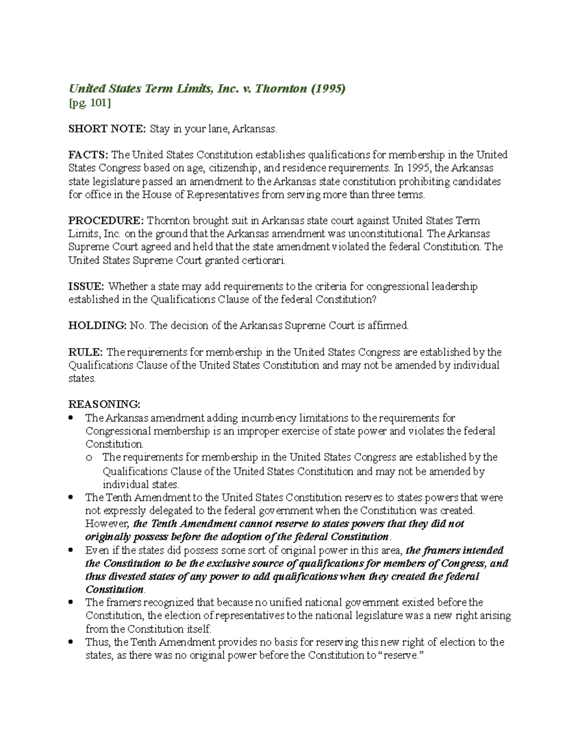 Constitutional Law Outline - 2 - United States Term Limits, Inc. v ...