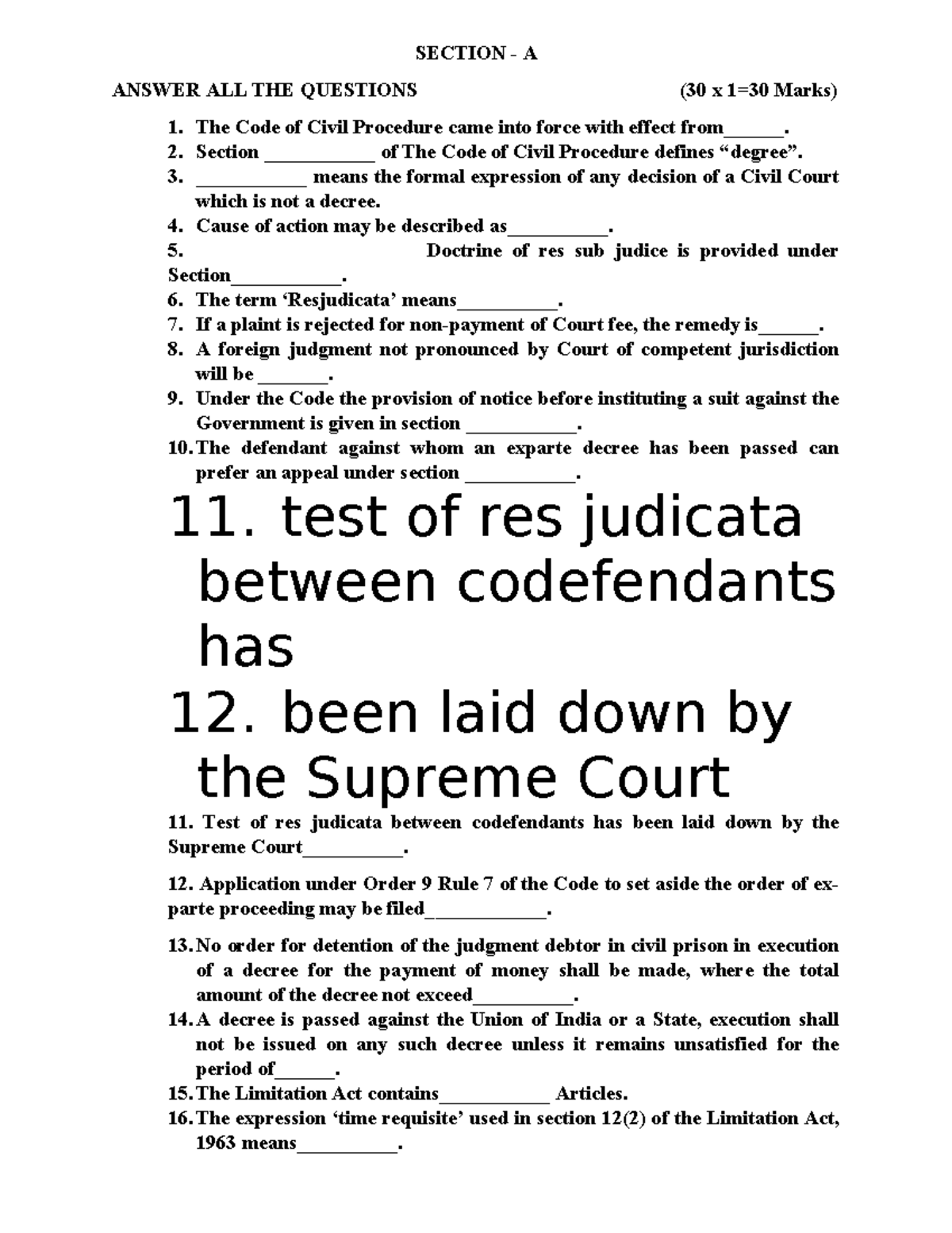 Civil procedure Code - SECTION - A ANSWER ALL THE QUESTIONS (30 x 1=30 ...