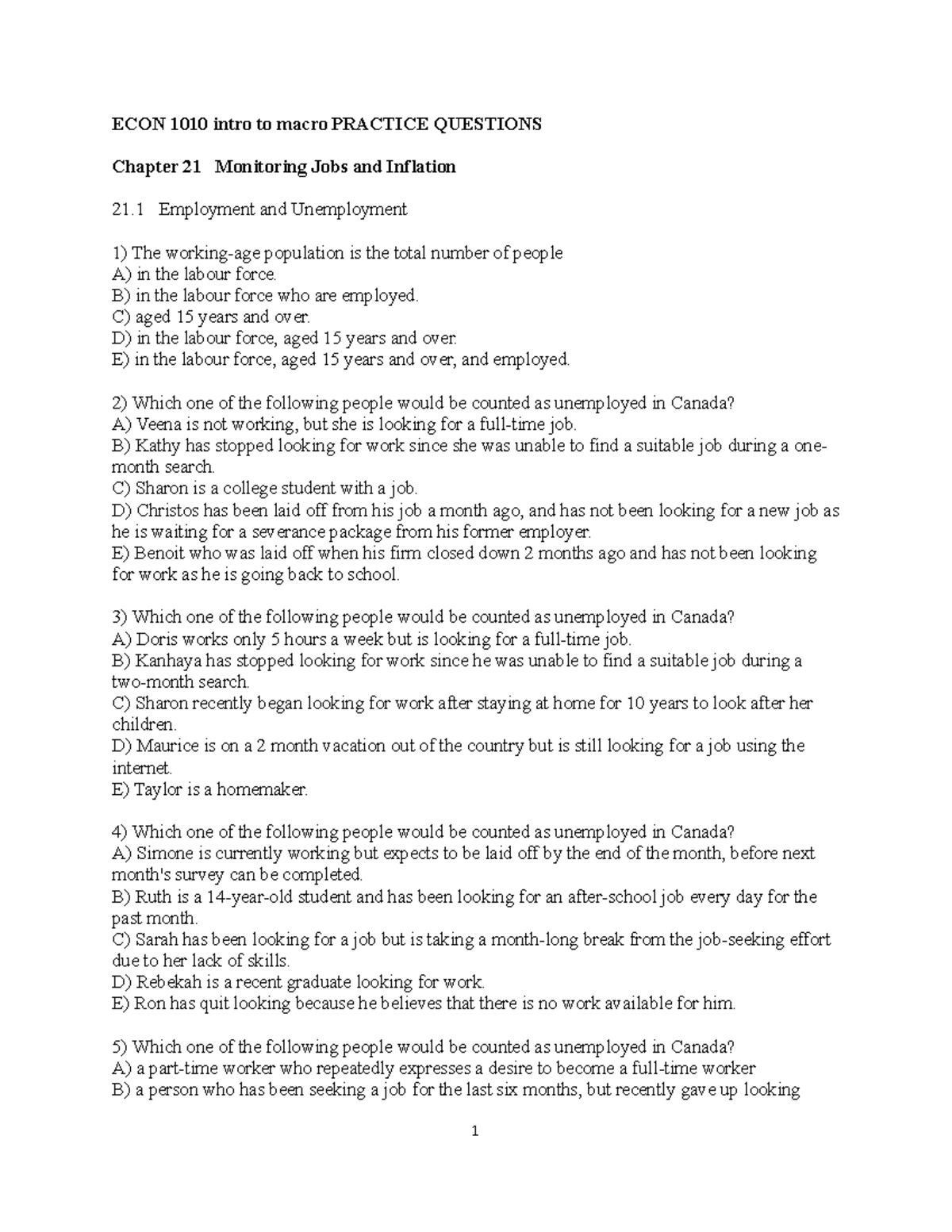 Chapter 21 Intro To Macro Econ 1010 Econ 1010 Intro To Macro Practice Questions Chapter 21