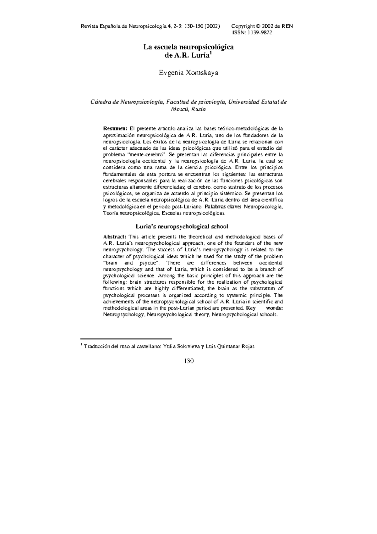 La Escuela Neuropsicologia De AR Luria - Revista Española de ...