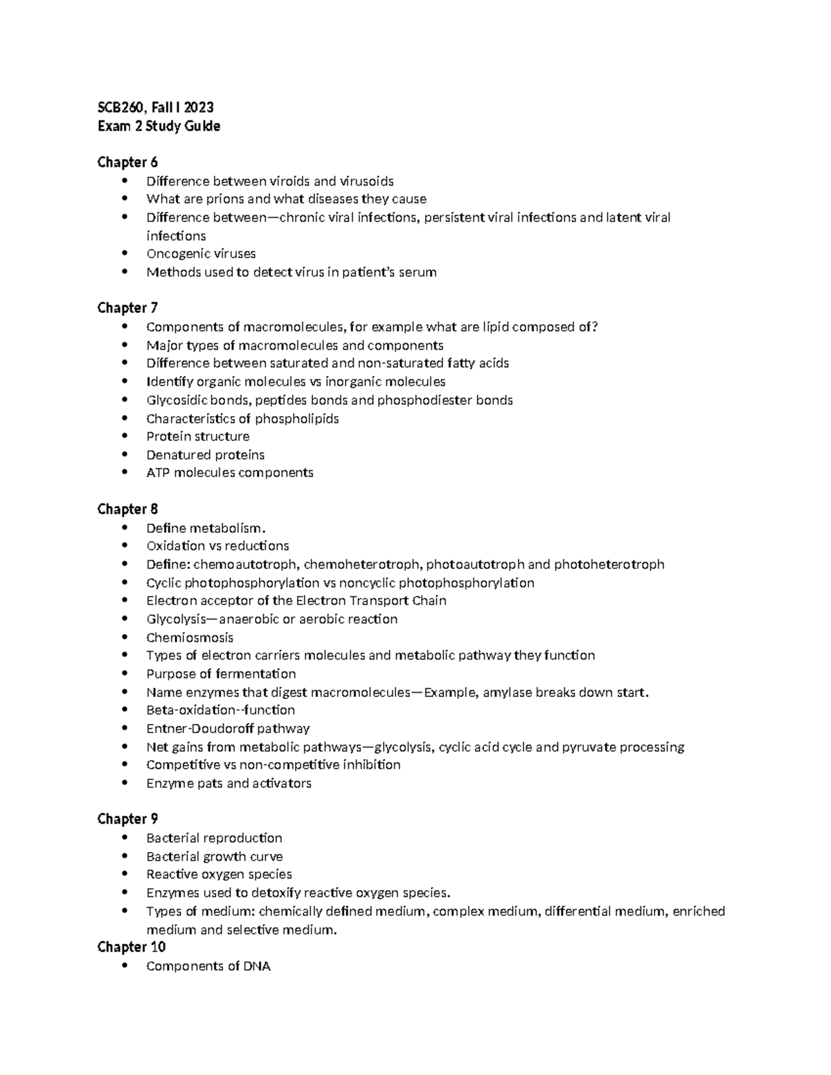 SCB260, Exam 2, Study Guide, Spring I, 2024 - SCB260, Fall I 2023 Exam ...