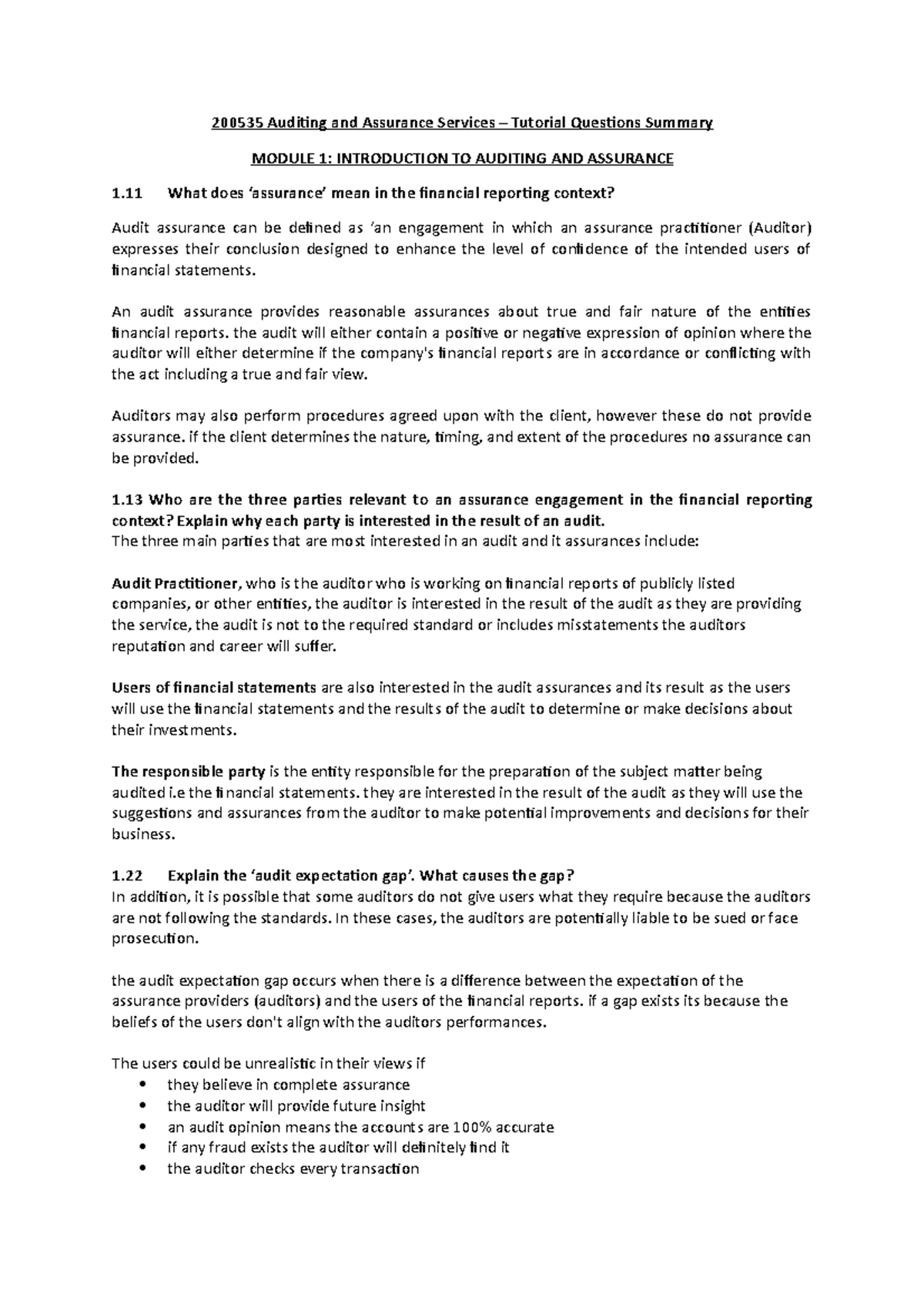 Tutorial Questions Summary - 200535 Auditing and Assurance Services – Tutorial Questions Summary ...