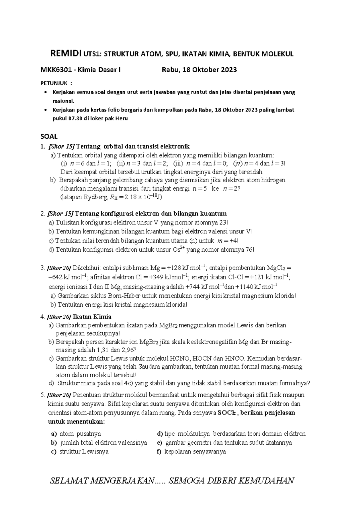 Remidi UTS Kidas 1 18 Oktt - REMIDI UTS1: STRUKTUR ATOM, SPU, IKATAN KIMIA, BENTUK MOLEKUL ...