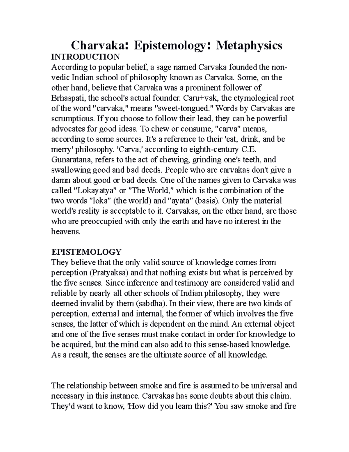 Charvaka Epistemology Metaphysics - Charvaka: Epistemology: Metaphysics ...