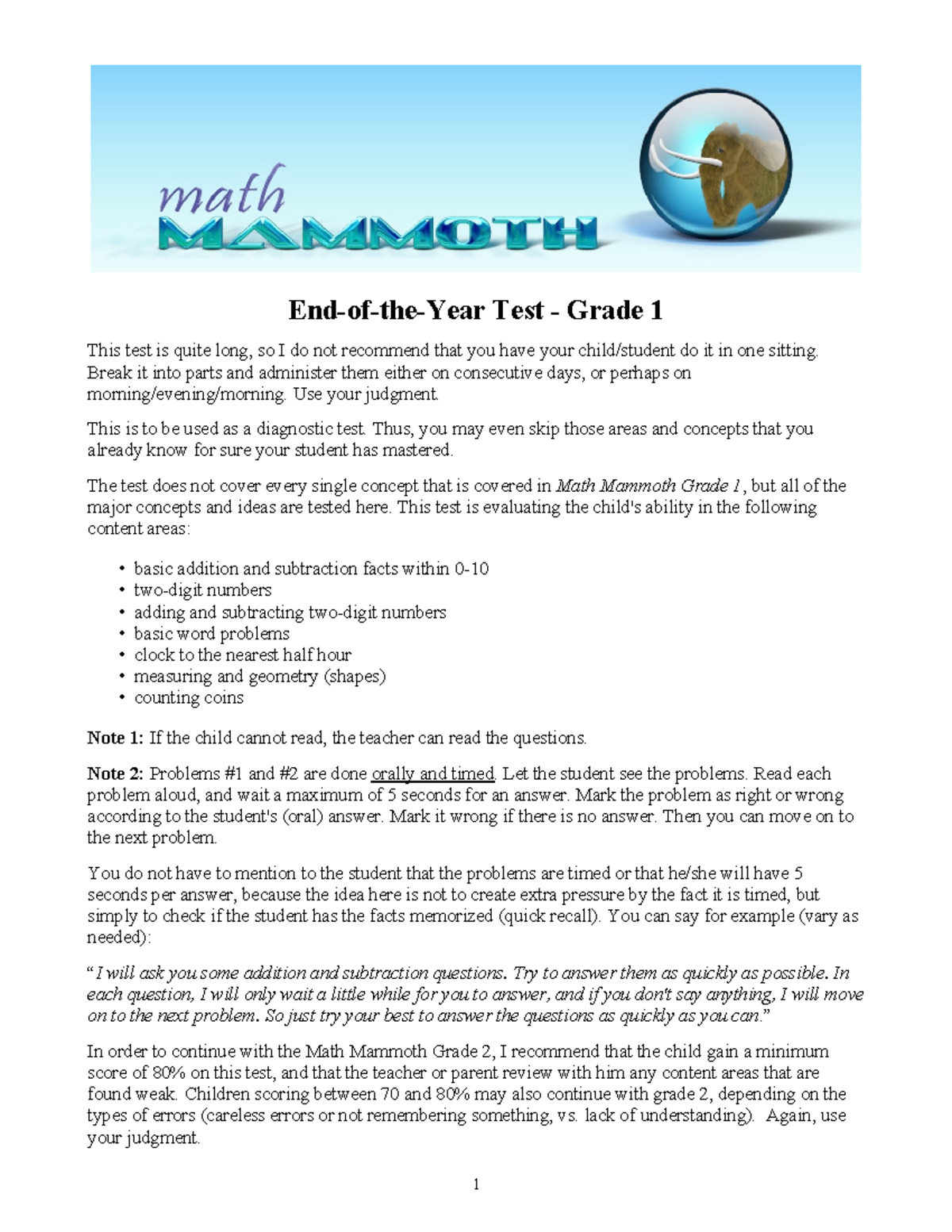 End of Year Test Grade 1 - Summary ISBN - International Standard Book ...