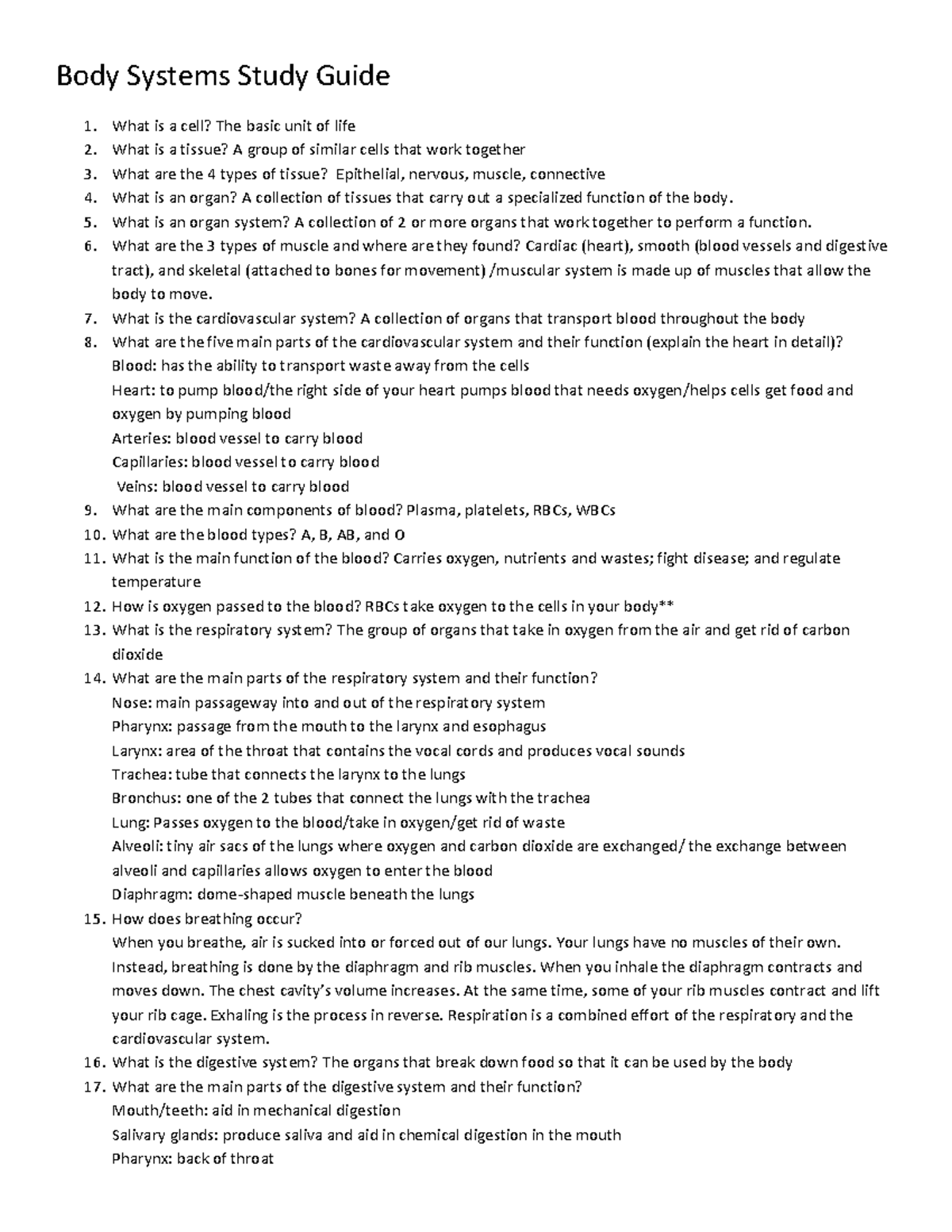 Human Body Study Guide Body Systems Study Guide 1 2 3 4 5 6 7 
