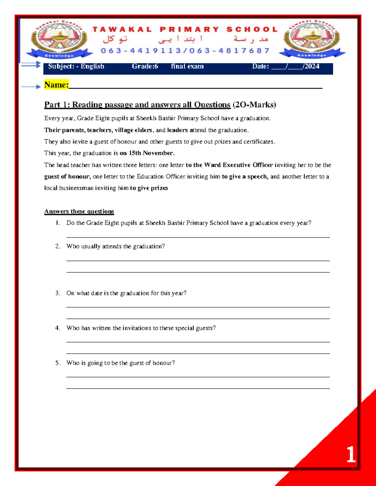 English Grade 6 - 1 Subject: - English Grade: 6 final exam Date ...