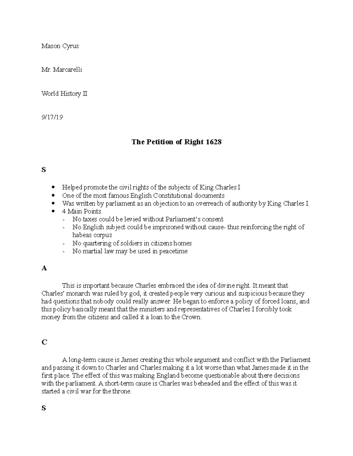 SACS Petition of Rights - Mason Cyrus Mr. Marcarelli World History II 9 ...