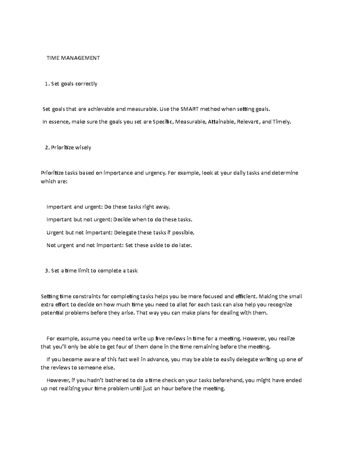 TIME Management Outook5 - TIME MANAGEMENT Set goals correctly Set goals ...