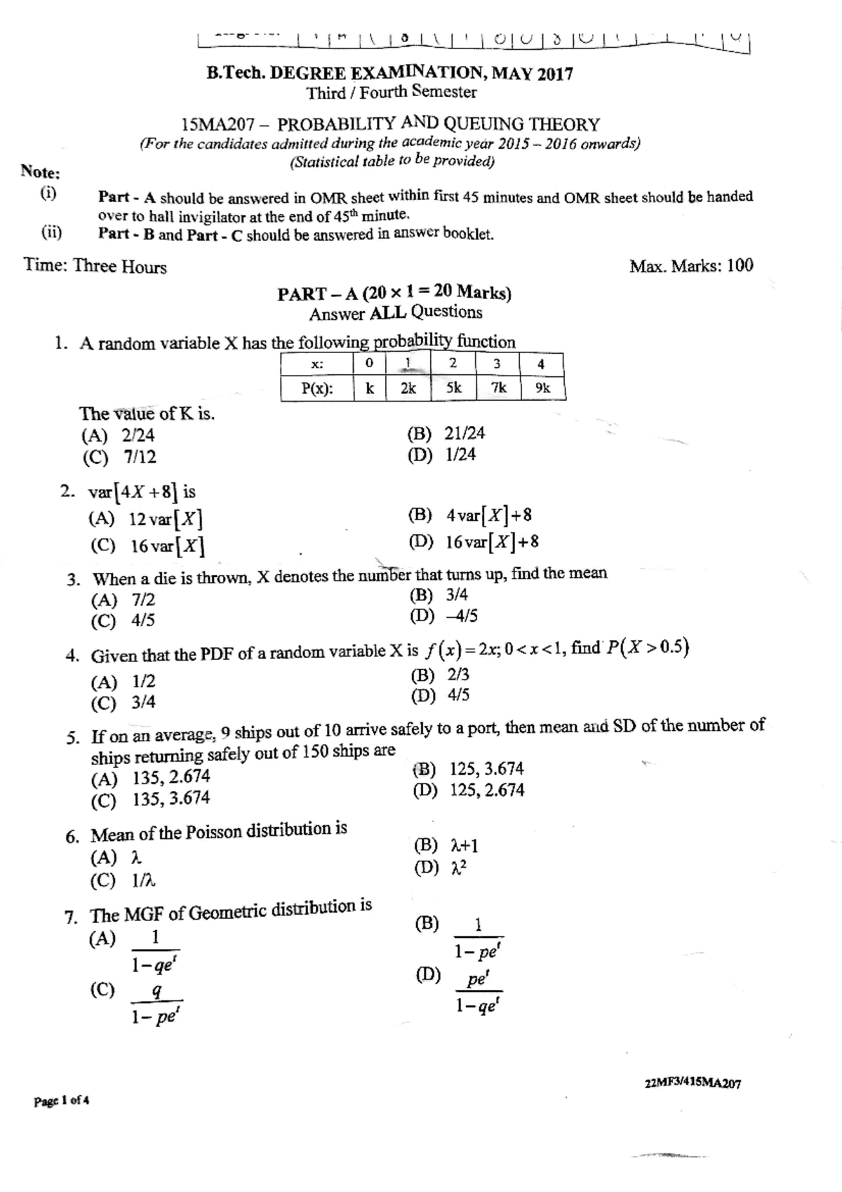 Probability AND Queuing Theory 2017- Semester - Advanced Calculus And Complex Analysis - Studocu