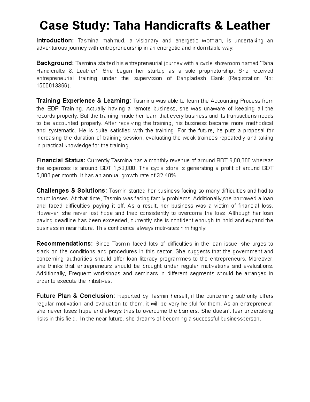 Tasmin Mahmud-Taha Handicrafts & Leather - Case Study: Taha Handicrafts & Leather Introduction ...