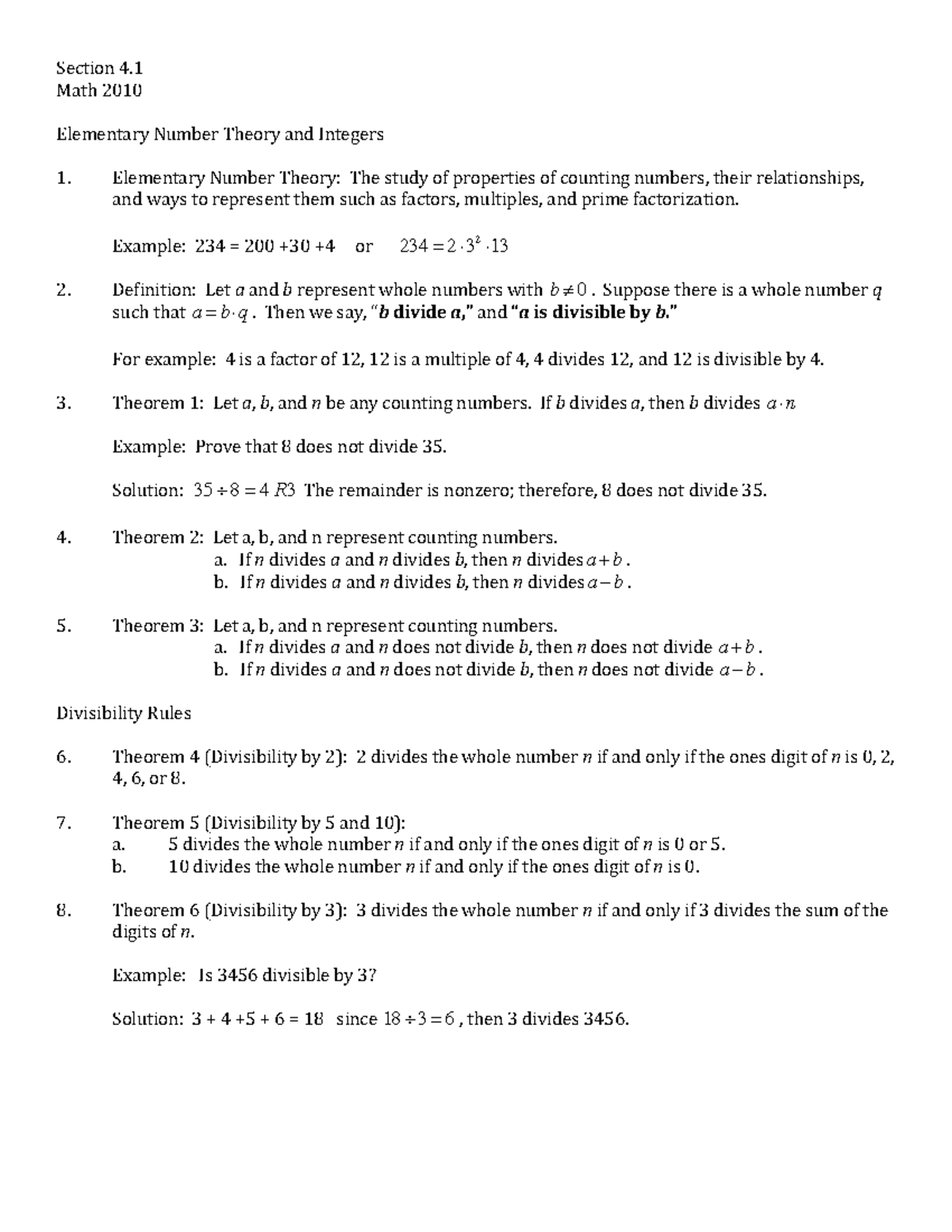 Section 4.1 Math 2010 Spring 2015 - Section 4. Math Elementary Number ...