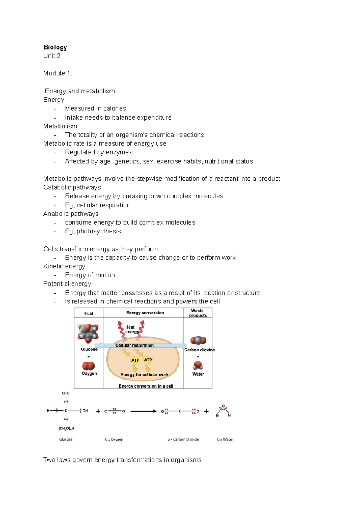 Biology Unit 2 - Biology Unit 2 Module 1: Energy and metabolism Energy ...