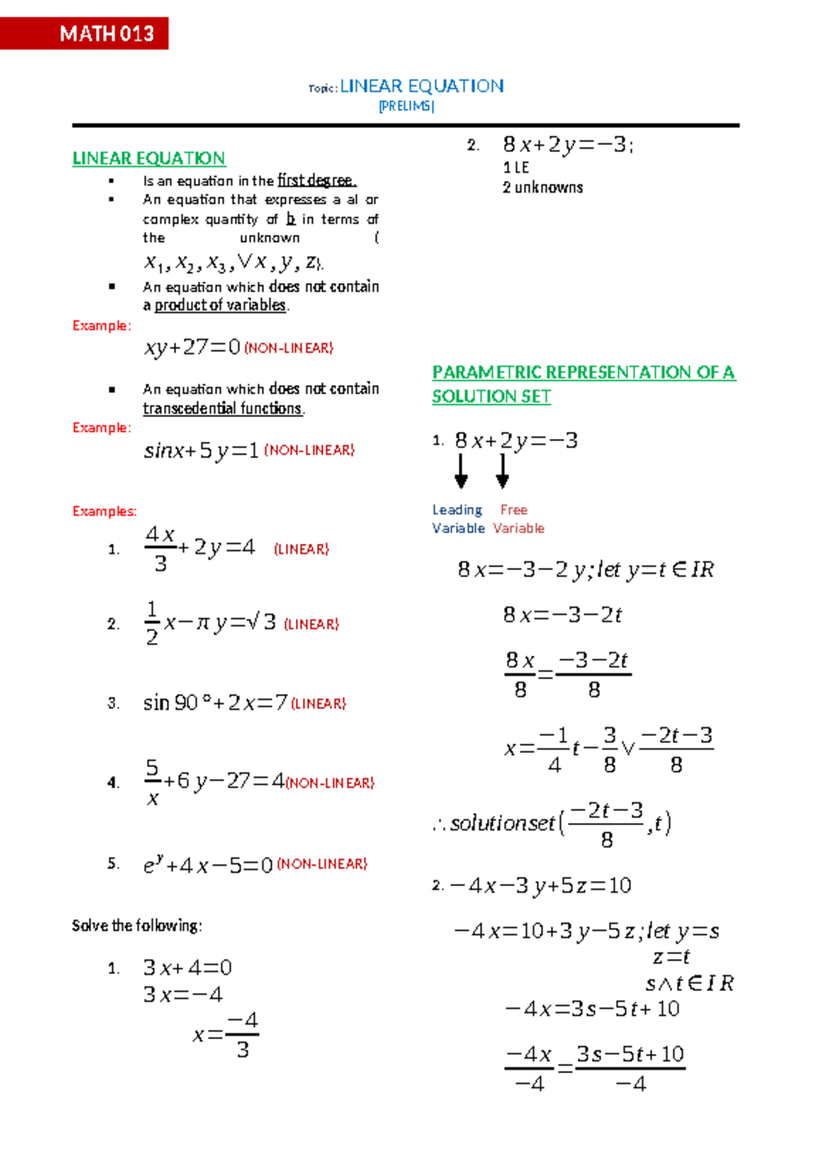 MATH 013 (notes) - Topic: LINEAR EQUATION [PRELIMS] LINEAR EQUATION Is ...