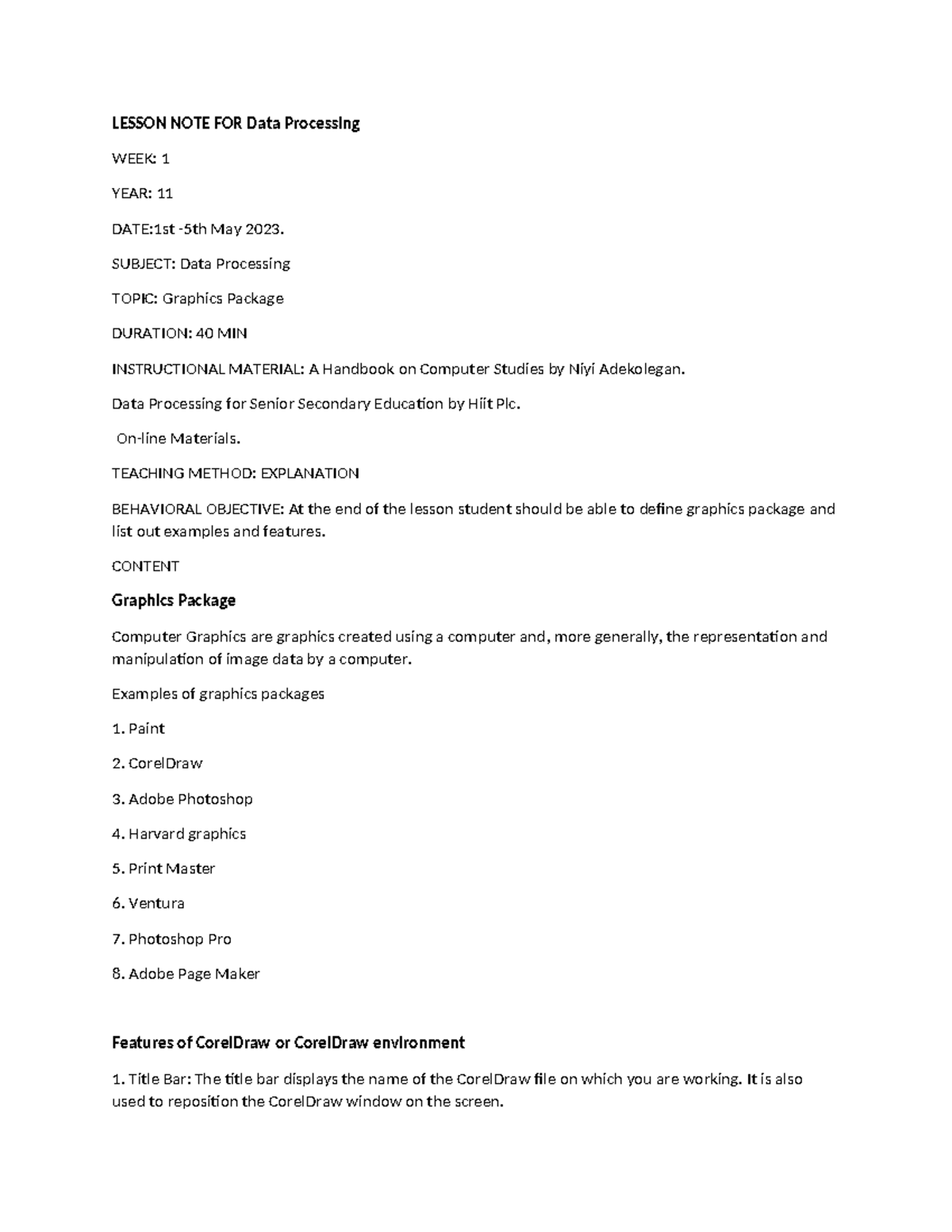Data Processing year 11 - LESSON NOTE FOR Data Processing WEEK: 1 YEAR: 11 DATE:1st -5th May ...