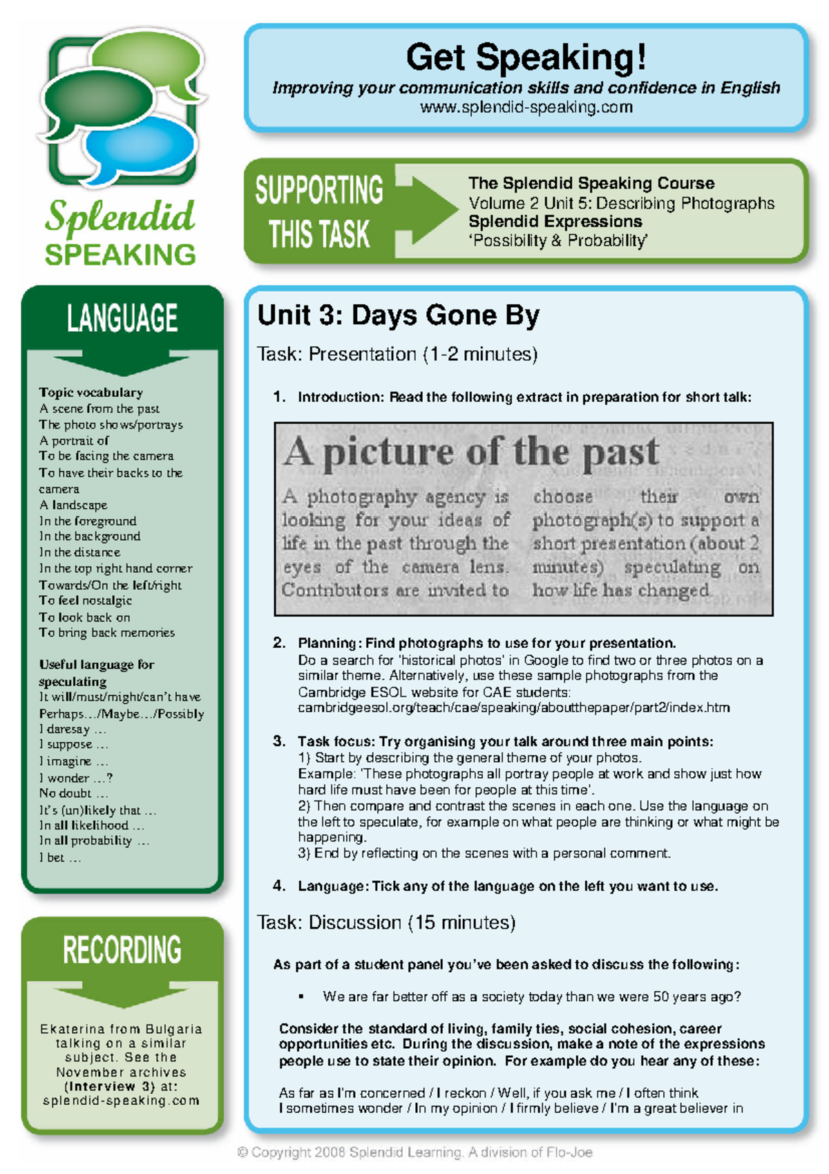 19049879 Unit 03 Days Gone By - Get Speaking! Improving your ...