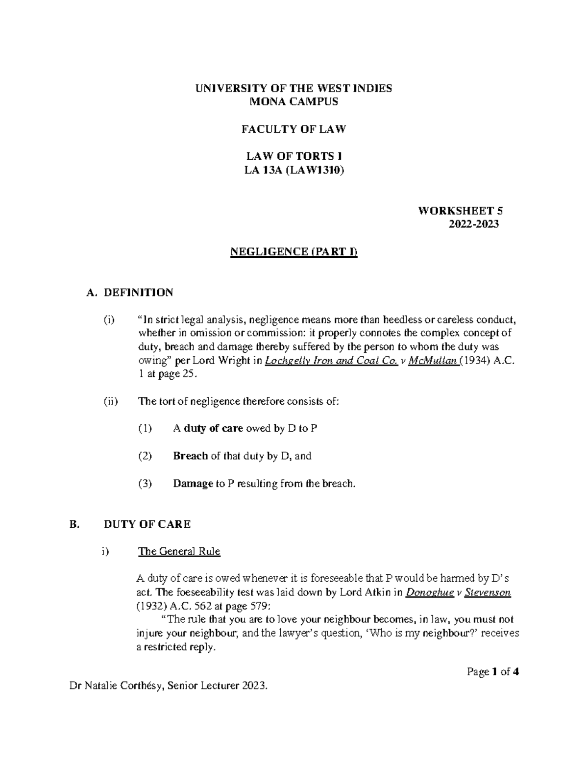 Tort I Worksheet 5 2023 - Page 1 of 4 UNIVERSITY OF THE WEST INDIES ...