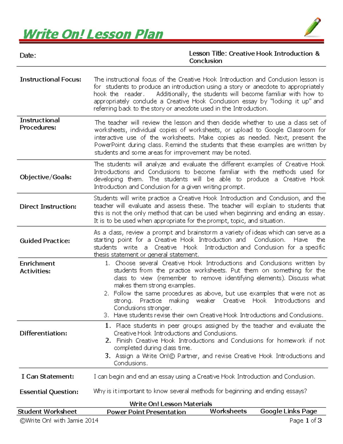 LP 1112 -NA- Write On! Lesson Plan Date: Lesson Title: Creative Hook ...