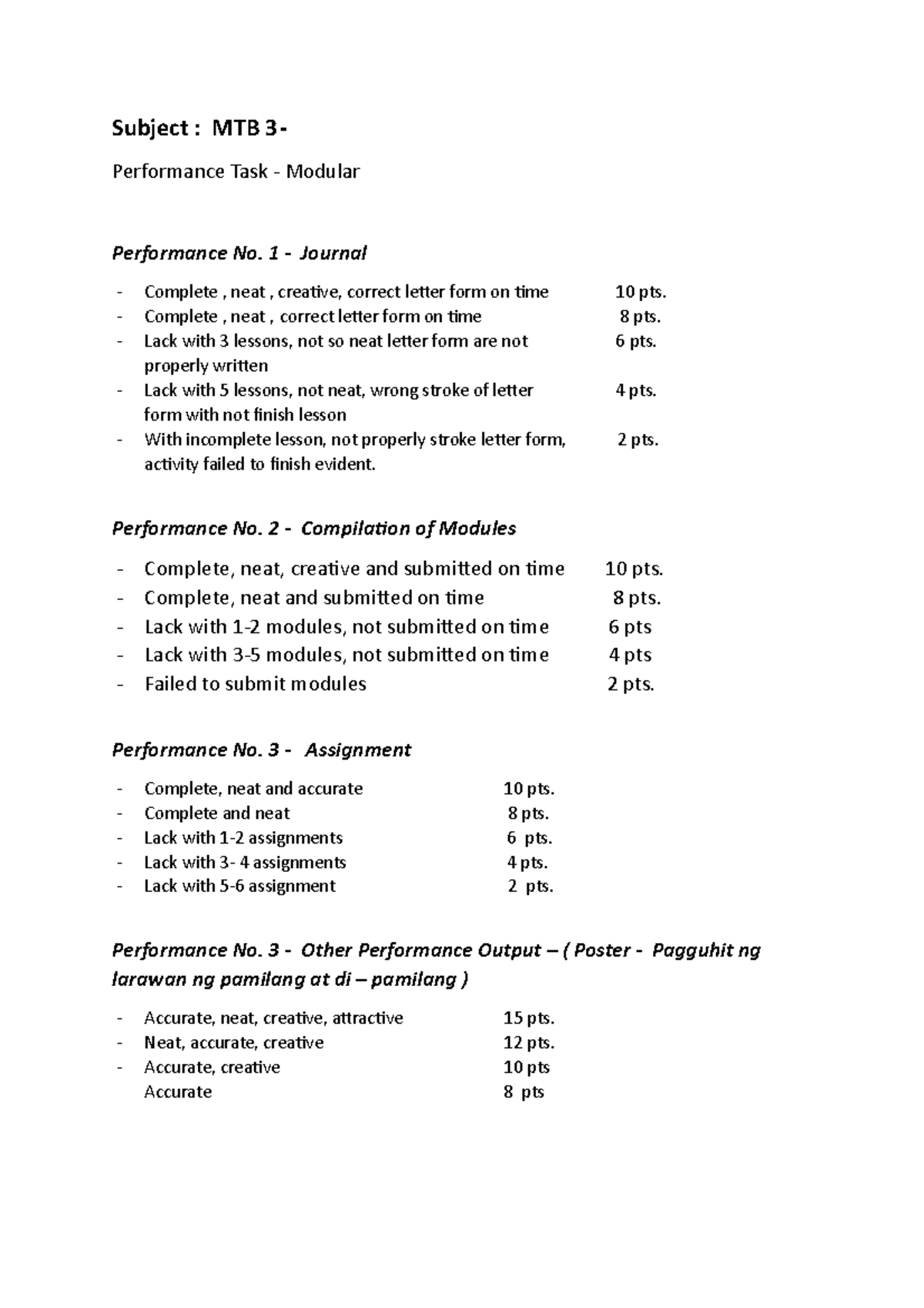 Obj 14 Rubrics - Subject : MTB 3- Performance Task - Modular Performance No. 1 - Journal ...