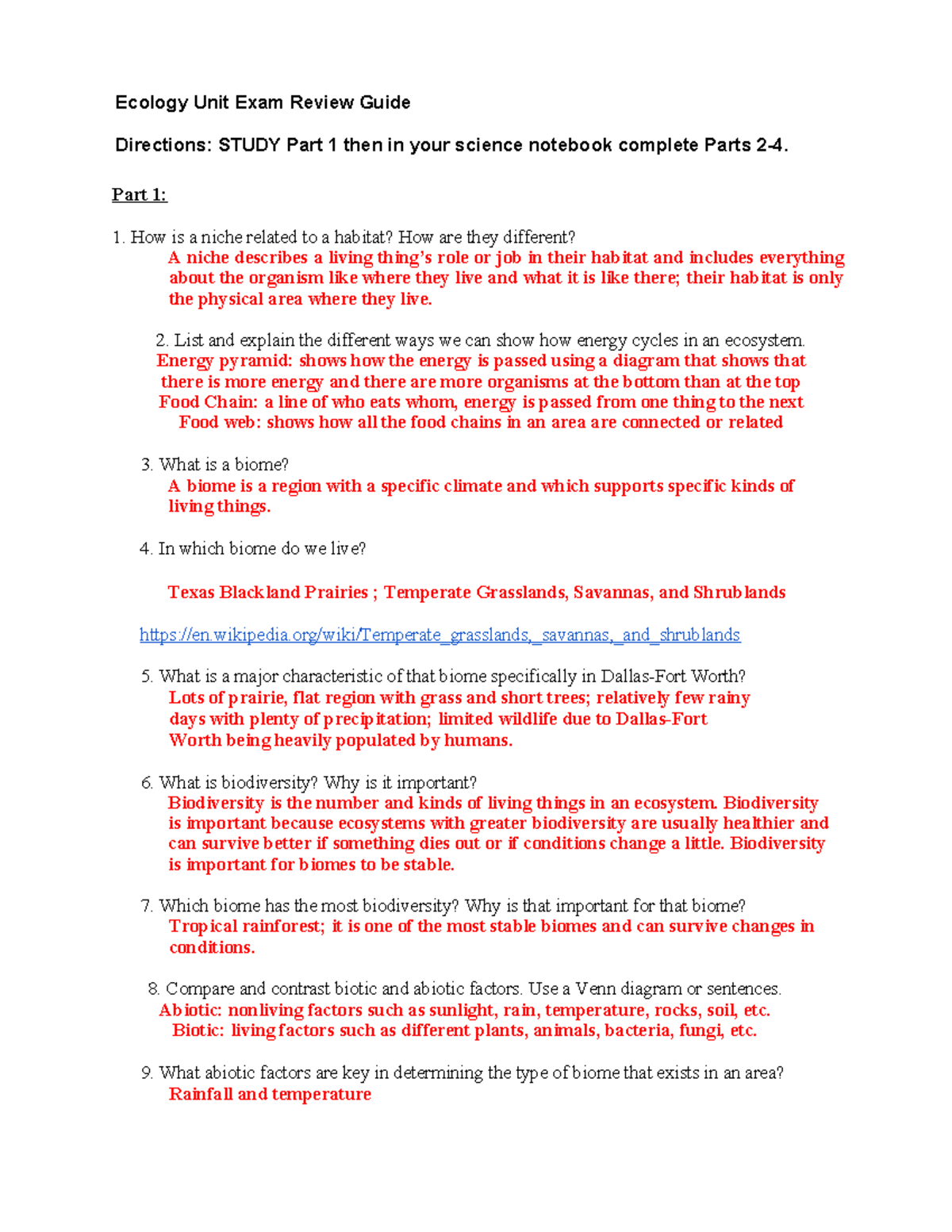 Ecology Exam Review Answers - Ecology Unit Exam Review Guide Directions ...