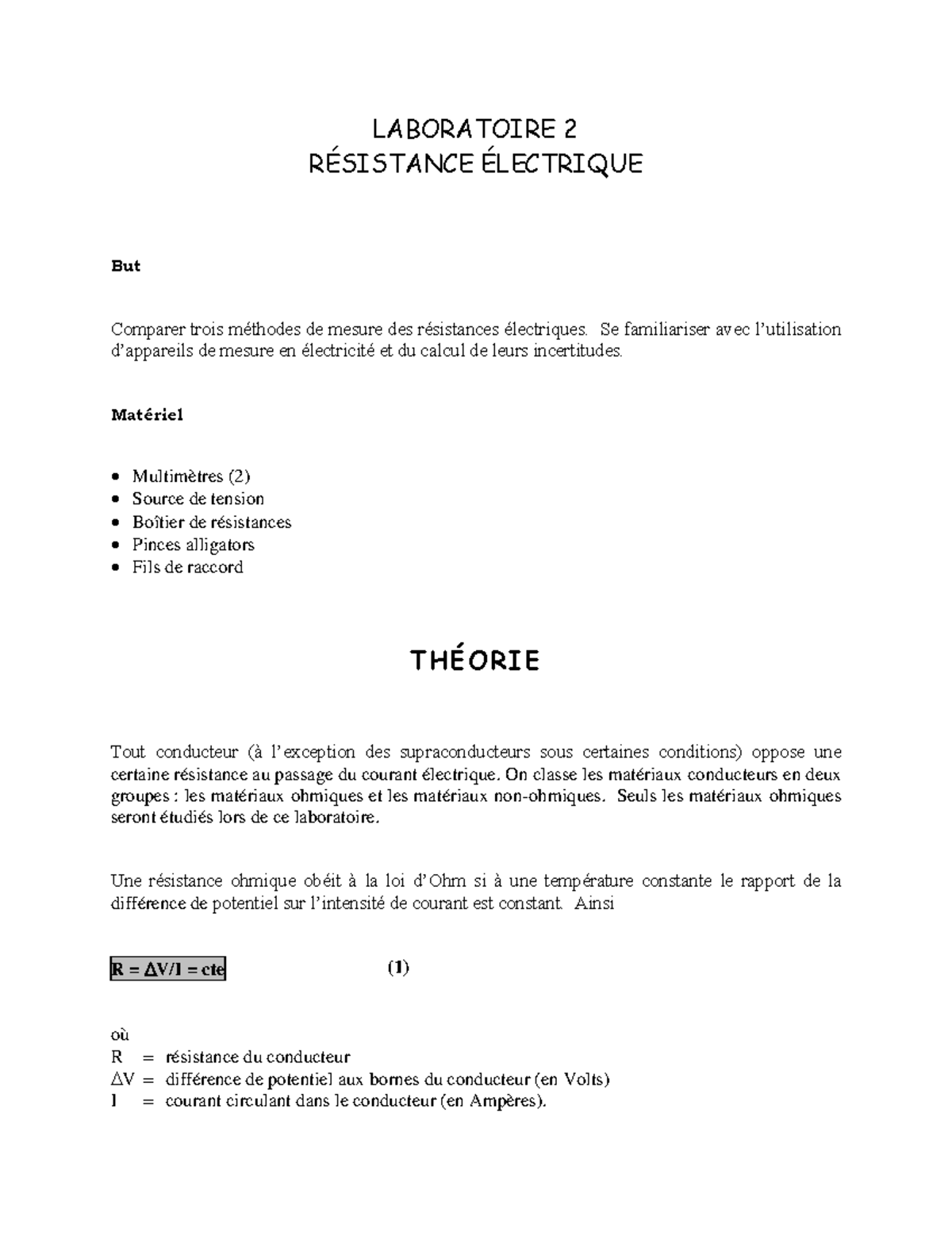 Resistance electrique. PHY-0250 H2018 - LABORATOIRE 2 RÉSISTANCE ...